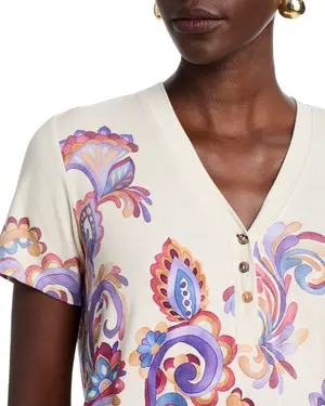 Johnny Was Printed Button-neck Tee