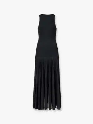 Alaïa Long Sleeveless Pleated Viscose Blend Dress