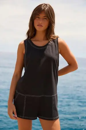 Free People Lucca Romper With Contrast Stitching - Black