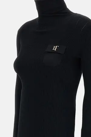 Elisabetta Franchi Ribbed Knit Turtleneck Sweater With Gold Logo Pocket - Nero