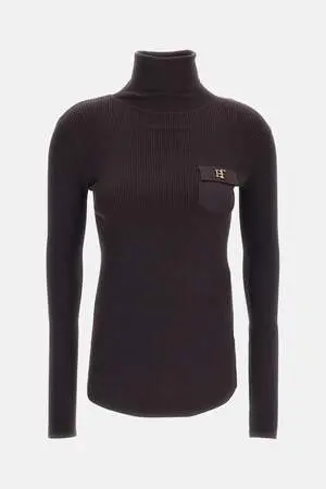 Elisabetta Franchi Turtleneck Ribbed Knit Sweater With Logo Pocket - Marrone