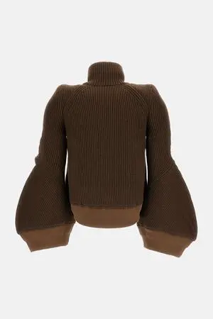 Sacai Cropped Wool-knit Jacket With High Collar And Zip Closure - Brown