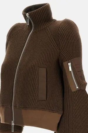 Sacai Cropped Wool-knit Jacket With High Collar And Zip Closure - Brown