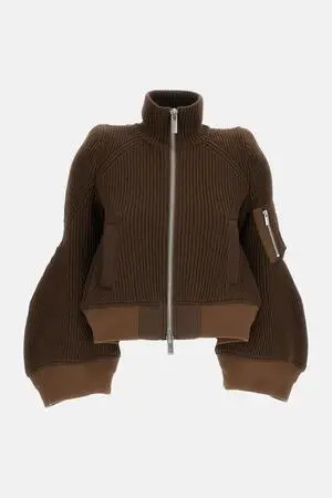 Sacai Cropped Wool-knit Jacket With High Collar And Zip Closure - Brown