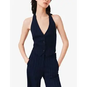 Maje Halterneck Backless Pinstripe Wool-blend Top