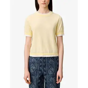 Claudie Pierlot Short-sleeve Cotton-blend Jumper With Contrasting Scalloped Trims