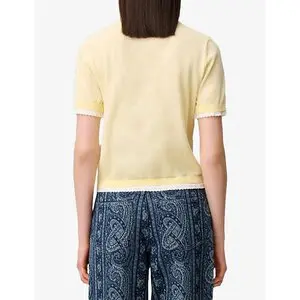 Claudie Pierlot Short-sleeve Cotton-blend Jumper With Contrasting Scalloped Trims