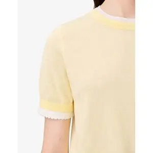 Claudie Pierlot Short-sleeve Cotton-blend Jumper With Contrasting Scalloped Trims