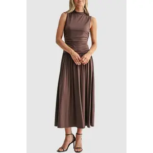 QUINCY MAE Ruched Mock Neck Drop Waist Fit & Flare Midi Dress - Brown