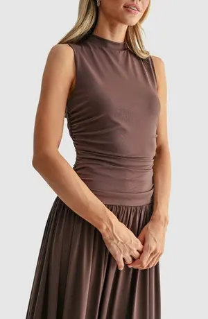 QUINCY MAE Sleeveless Mock Neck Drop Waist Midi Dress