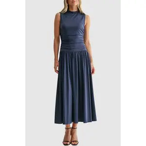 QUINCY MAE Ruched Mock Neck Drop Waist Fit & Flare Midi Dress - Navy