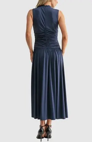 QUINCY MAE Sleeveless Mock Neck Drop Waist Midi Dress - Navy