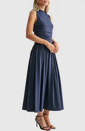 QUINCY MAE Sleeveless Mock Neck Drop Waist Midi Dress - Navy