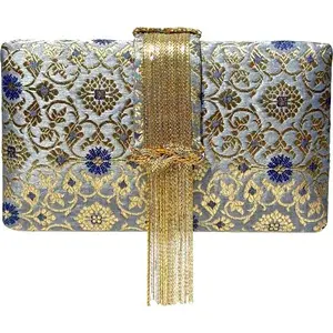 SIMITRI Brocade Clutch With Metallic Fringe And Chain Strap
