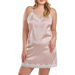 ICOLLECTION Striped Satin Chemise With Lace Trim - Pink
