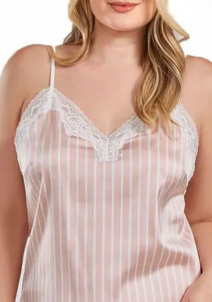 ICOLLECTION Striped Satin Chemise With Lace Trim
