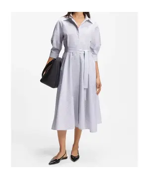 Hugo Boss Striped Cotton Poplin Shirt Dress With Self-tie Belt And Three-quarter Length Sleeves