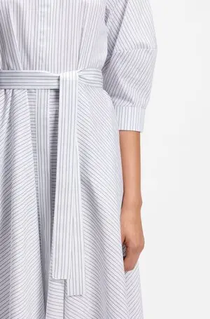 Hugo Boss Striped Cotton Poplin Shirt Dress With Self-tie Belt And Three-quarter Length Sleeves