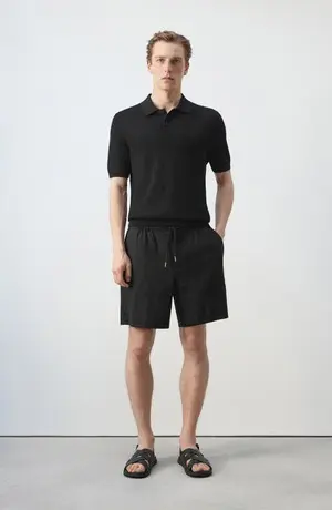 Mango Flat Front Linen Blend Drawstring Bermuda Shorts - Black