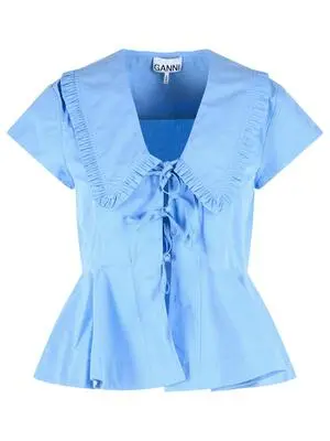 GANNI Cotton Poplin Blouse With Ornate Collar And Lace-up Closure - Blue