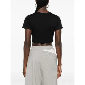 Attico Cropped Jersey Top With Corset Panelling And Embroidered Logo - Black