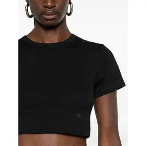 Attico Cropped Jersey Top With Corset Panelling And Embroidered Logo - Black