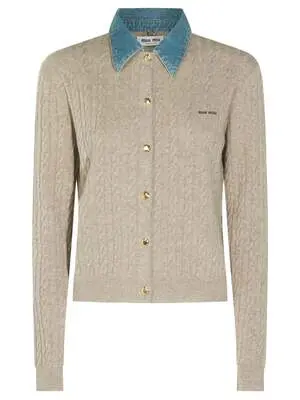 Miu Miu Denim-collar Cable-knit Cashmere Cardigan - Multicolor