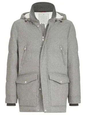 Brunello Cucinelli Bonded Wool Flannel Down Parka With Detachable Hood - Gray