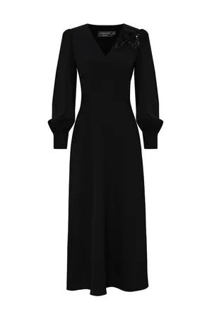 EXQUISE Regular Embroidered Midi Dress - Black