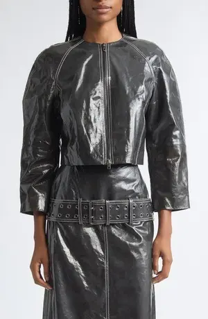 DIESEL® Cropped Patent Leather Jacket With Cocoon Sleeves - Grey