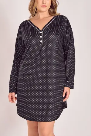 ICOLLECTION Microfiber Knit Sleep Shirt With Functional Buttons - Black