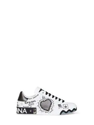 Dolce & Gabbana White Hand-painted Leather Portofino Low-top Sneakers - Multicolor