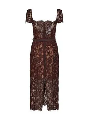SELF-PORTRAIT Brown Floral Lace Belted Midi Dress - Multicolor