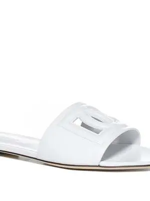 Dolce & Gabbana White Leather Cut-out Logo Slide Sandals - Multicolor
