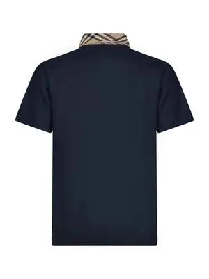 Burberry Navy Blue Cotton Pique Polo Shirt With Check Collar - Multicolor