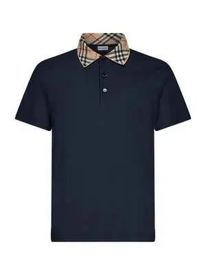 Burberry Navy Blue Cotton Pique Polo Shirt With Check Collar - Multicolor