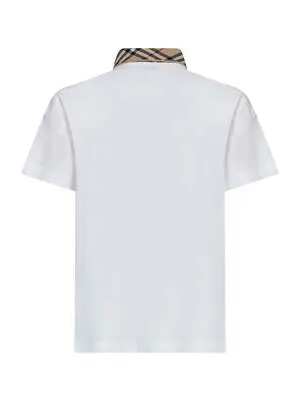 Burberry Chalk White Cotton Pique Polo Shirt With Check Collar - Multicolor