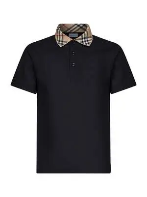 Burberry Black Cotton Pique Polo Shirt With Check Collar - Multicolor