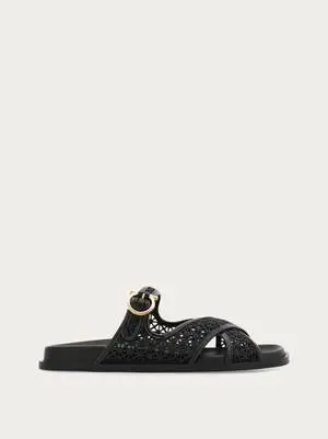 FERRAGAMO Gancini Buckle Crossover Slides - Black