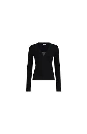 Brunello Cucinelli Stretch Cotton Ribbed Jersey Top With Precious Insert - Black