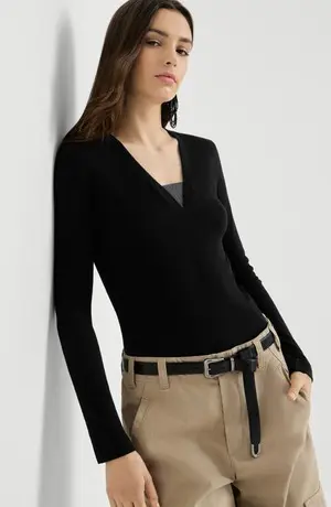 Brunello Cucinelli Stretch Cotton Ribbed Jersey Top With Precious Insert - Black