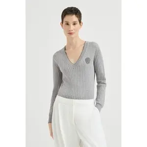 Brunello Cucinelli Cotton Ribbed V-neck Sweater - Grey