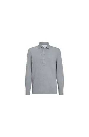 Brunello Cucinelli Cotton Jersey Long Sleeve Polo With Shirt-style Collar - Medium Grey