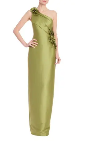 Badgley Mischka Floral Embellished Column Gown - Chartreuse