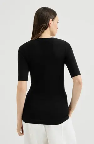 Brunello Cucinelli Stretch Cotton Ribbed Jersey Top With Precious Insert - Black