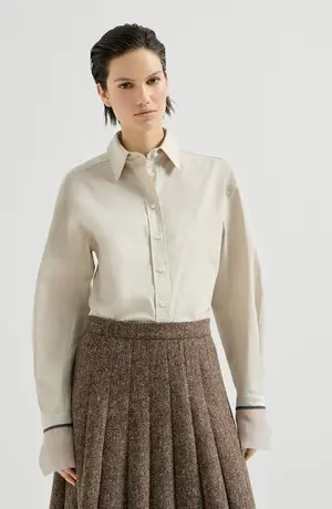 Brunello Cucinelli Stretch Cotton Poplin Shirt With Shiny Silk Cuffs