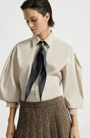 Brunello Cucinelli Stretch Cotton Poplin Shirt With Shiny Silk Cuffs