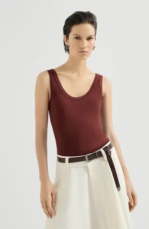 Brunello Cucinelli Stretch Cotton Ribbed Jersey Top With Monili - Wine