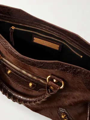 Balenciaga Le City Crinkled Leather-trimmed Pony Hair Shoulder Bag - Brown