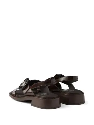 Prada Brushed Leather Crisscross Band Sandals With Plexiglas Buckle - Brown